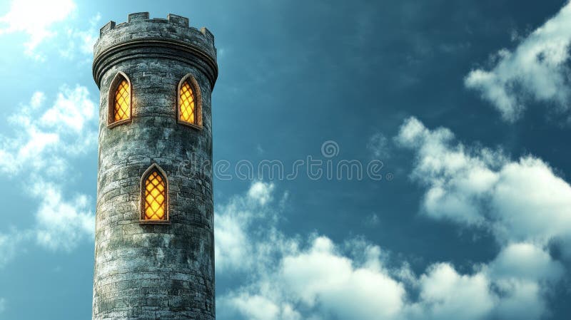 Enchanted Medieval Tower with Illuminated Windows Against Sky Stock ...