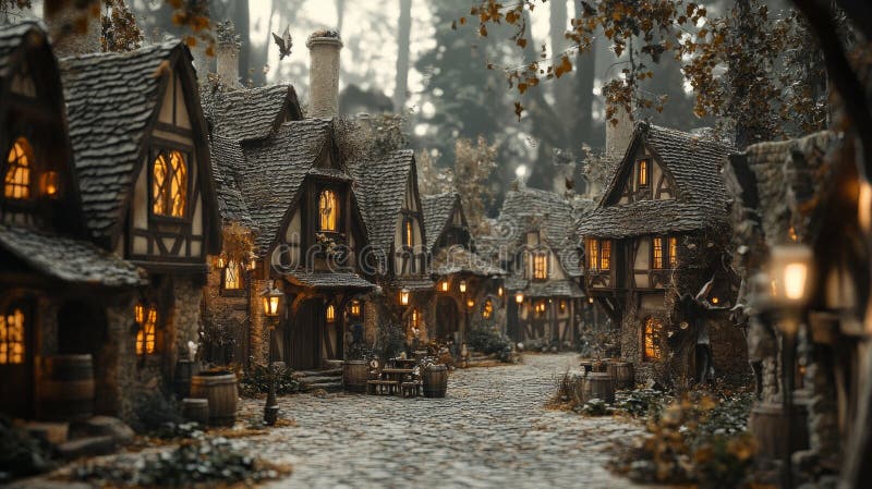 Enchanted Medieval Village at Night Stock Illustration - Illustration ...