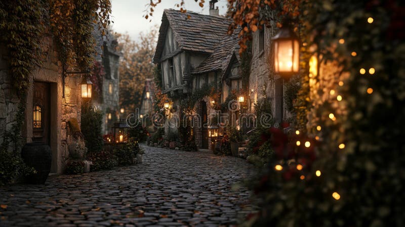 Enchanted Medieval Village Street at Twilight Stock Illustration ...