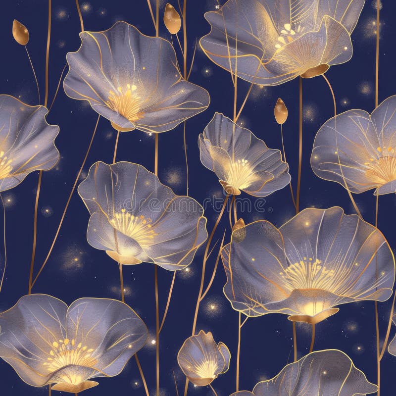 Enchanted Midnight Bloom: Magical Floral Pattern with Golden Accents ...