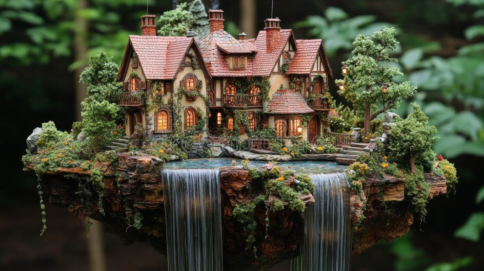 Enchanted Miniature Cottage with Waterfall Stock Illustration ...