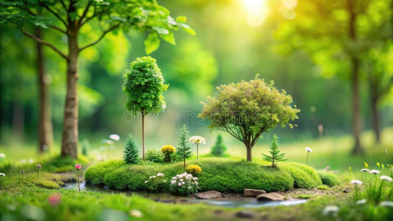 Enchanted Miniature Forest Scene Lush Greenery, Tiny Trees, and a Serene Stream. Generative AI ...