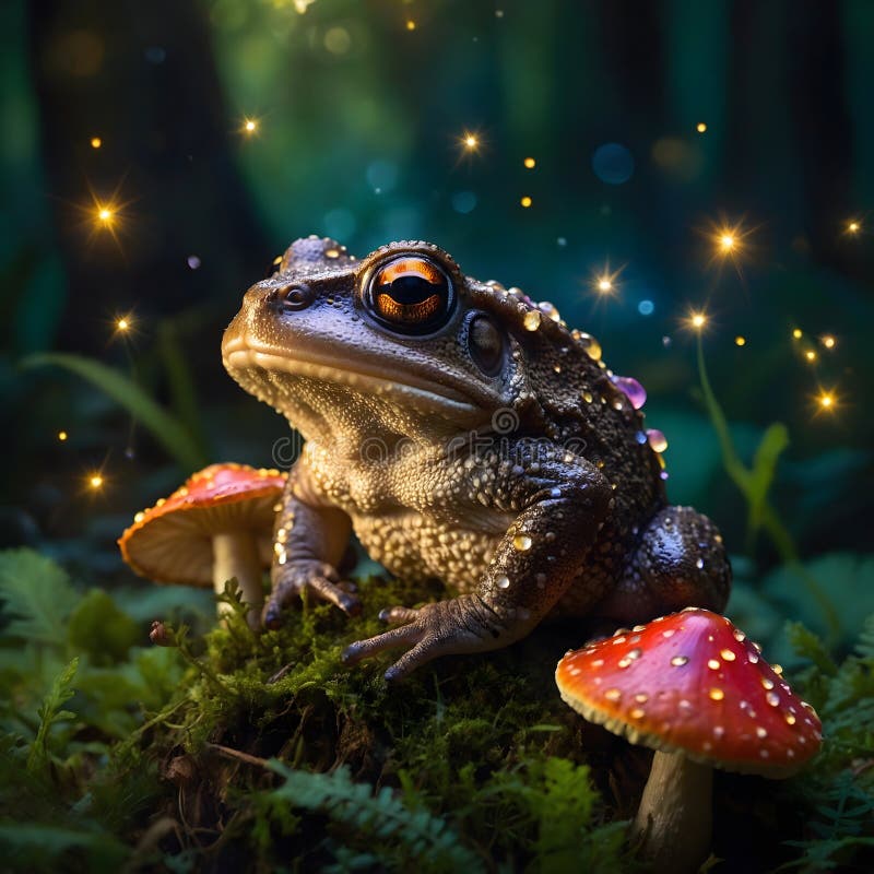 Enchanted Moment: Common Toad on Toadstool with Fireflies Dancing ...