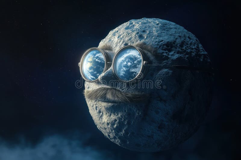 Enchanted Moon with Monocle Gazes Thoughtfully, Casting Wisdom Over the ...