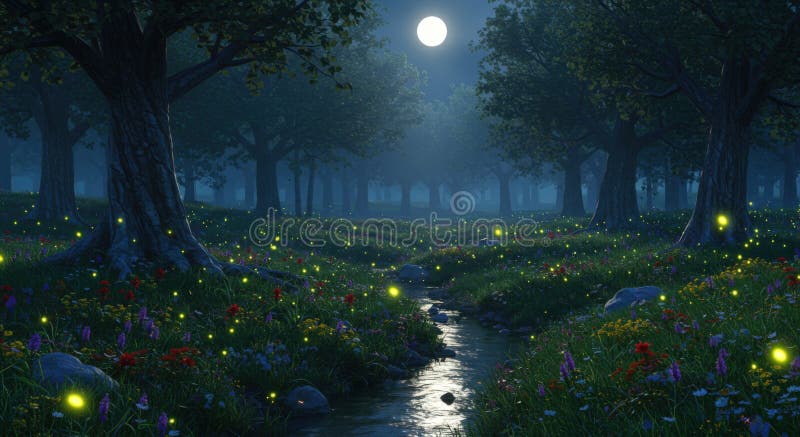 Enchanted Moonlight Forest: a Night in Firefly Meadow Stock ...