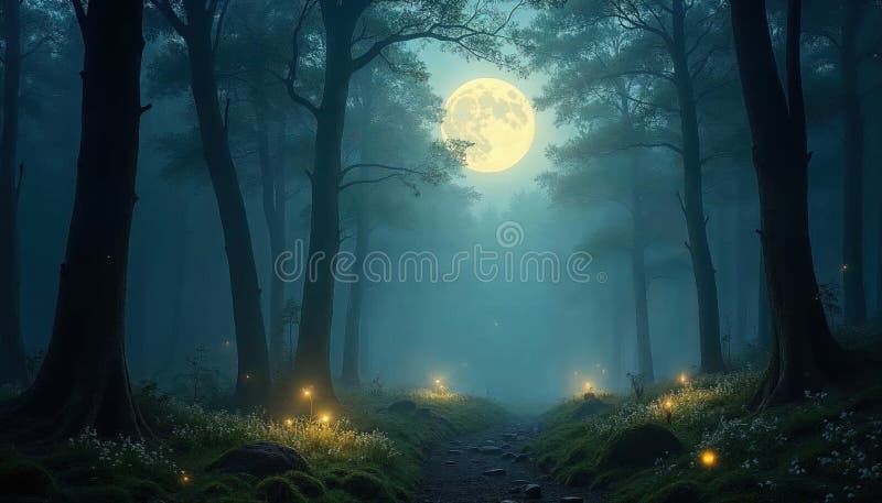 Enchanted Moonlight Forest Path Stock Illustration - Illustration of ...