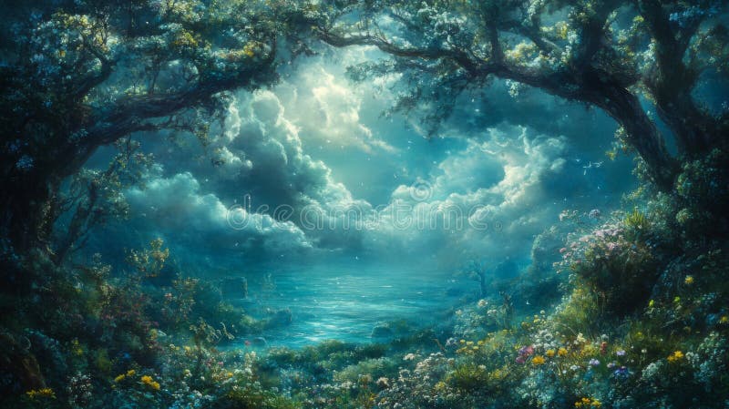 Enchanted Moonlight Forest Scene with Glowing Flowers Stock ...