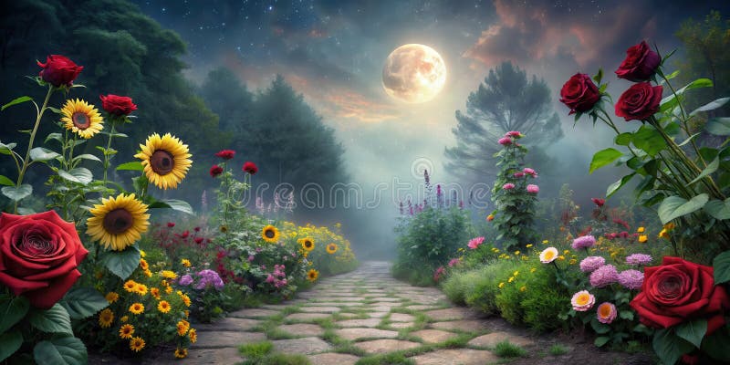 Enchanted Moonlight Garden Path a Serene Stroll through Blossoming ...