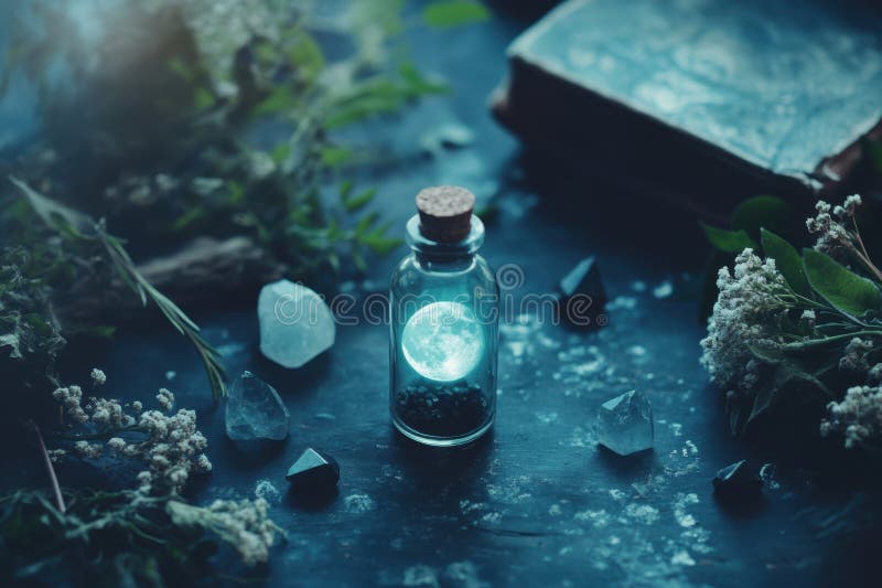 Enchanted Moonlight in Jar: Mystical Crystal Still Life with Plants ...