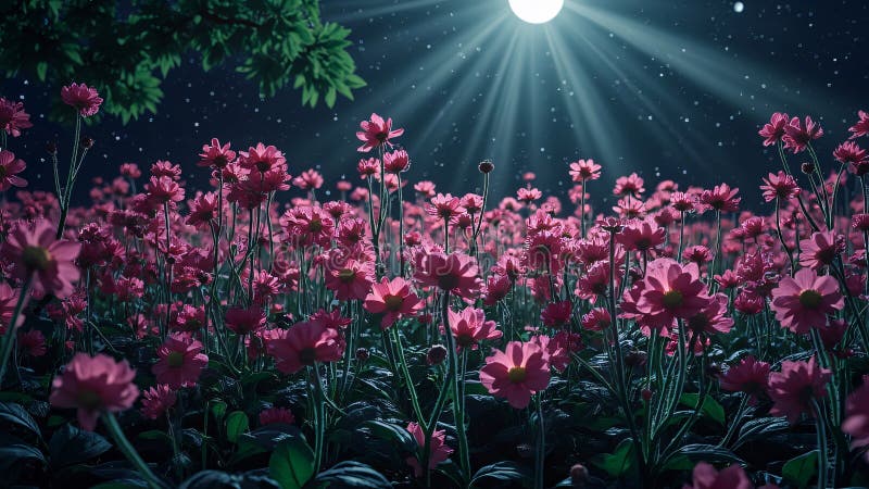 Enchanted Moonlight Meadow- Pink Flowers Under Good Resolution Stock ...