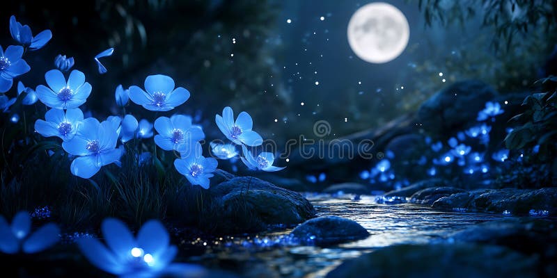 Enchanted Moonlight Night Blue Flowers and Starlit Stream Stock ...