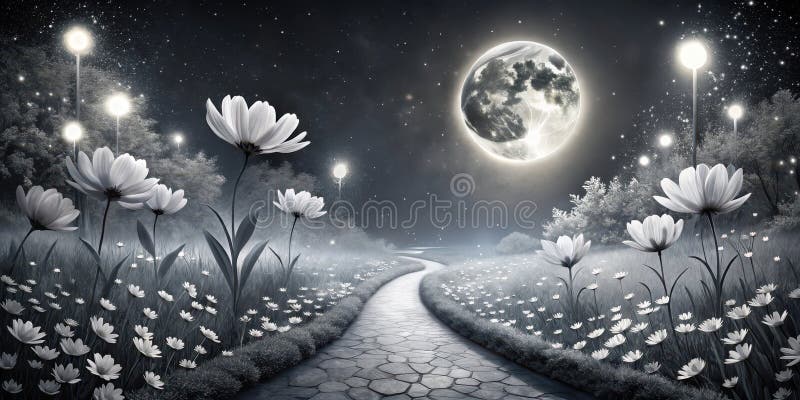 Enchanted Moonlight Path through a Field of Luminescent Flowers Under a ...
