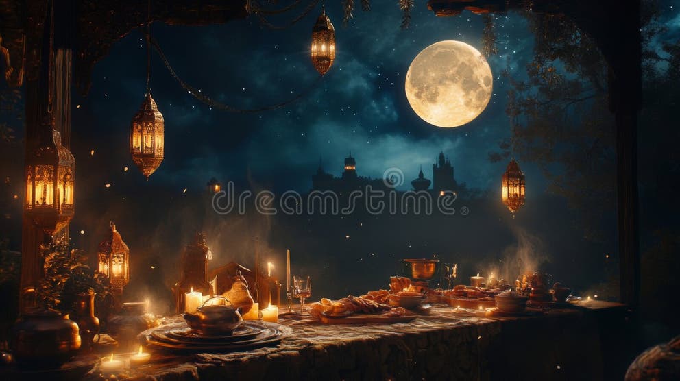 Enchanted Moonlit Dinner Scene with Magical Atmosphere Stock ...