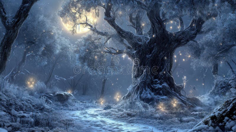 Enchanted Moonlit Forest with Ancient Tree and Glowing Fireflies on a ...