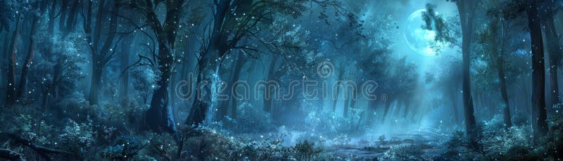 Enchanted Moonlit Forest with Fireflies Stock Illustration ...