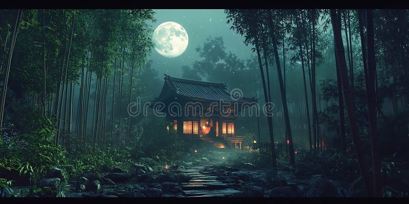 Enchanted Moonlit Forest House Stunning Night Scene Artwork Stock ...