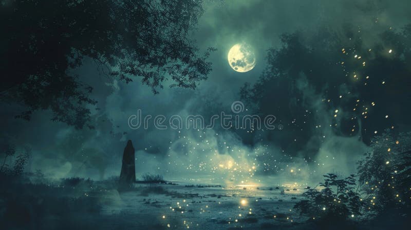 Enchanted Moonlit Forest with Magical Glowing Lights Stock Illustration ...