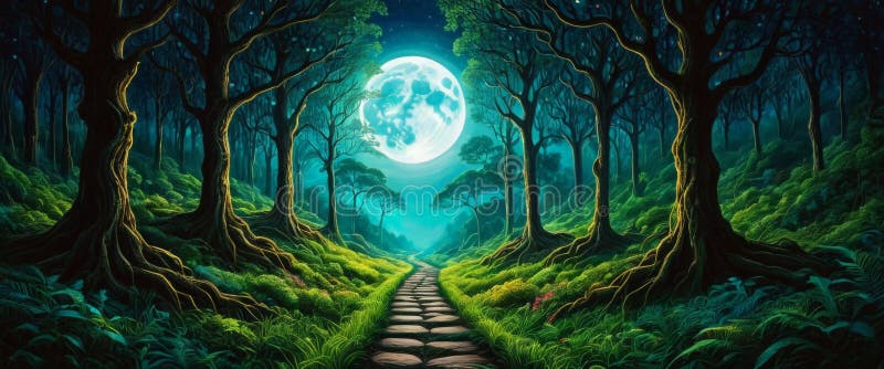 Enchanted Moonlit Forest Path with Glowing Moon Stock Image - Image of ...