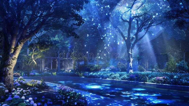 Enchanted Moonlit Garden with Luminous Trees and Ethereal Glow Stock ...