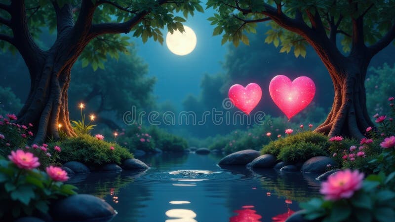 Enchanted Moonlit Grove with Glowing Hearts Floating Over Serene Pond ...