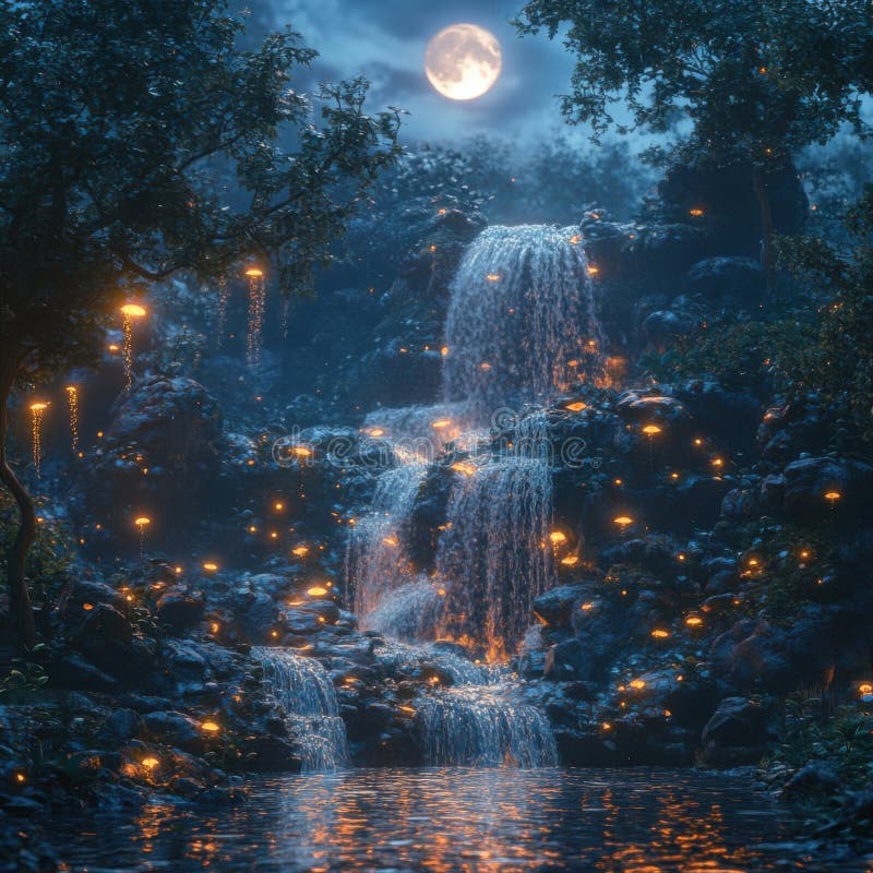 Enchanted Waterfall Night Serene Moonlit Forest Scene Stock Photos ...