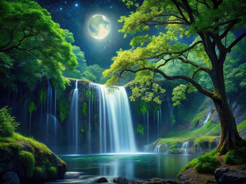 Enchanted Moonlit Waterfall a Serene Night Photography CloseUp of a ...