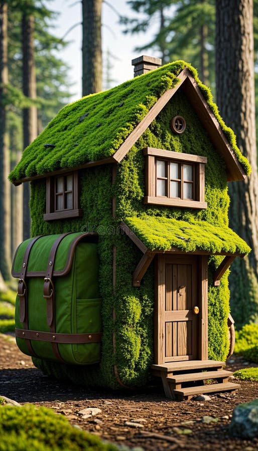 Enchanted Moss-covered House with a Rustic Backpack Design Stock Photo ...