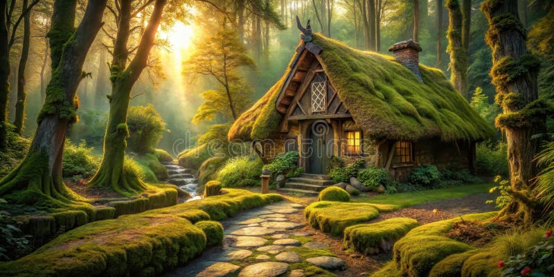 Enchanted Mossy Cottage in a Sun-dappled Forest with Stone Path ...