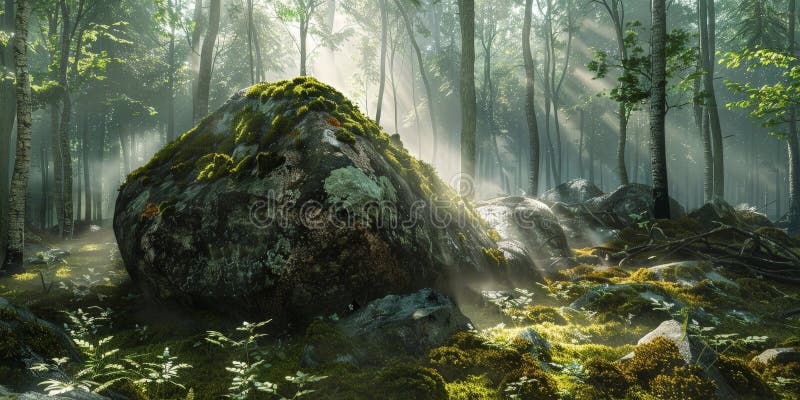 Enchanted Mossy Forest Landscape with Sunbeams Stock Illustration ...
