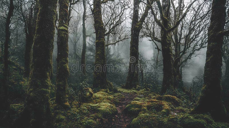Enchanted Mossy Forest Path Misty Trees Nature Old Dark Wild Calm Mood Dark Deep Green Stock ...