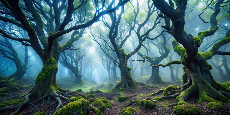 Enchanted Mossy Forest Path, Mystical Atmosphere, Ancient Trees, Sunlight Filtering through ...