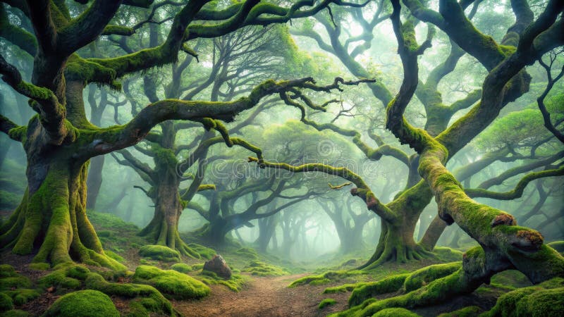 Enchanted Mossy Grove a Mystical Path through Ancient, Intertwined Trees. Generative AI Stock ...