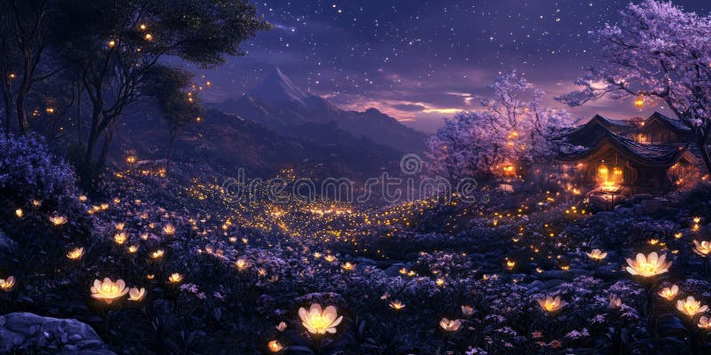 Enchanted Mountain Valley at Night Stock Illustration - Illustration of ...