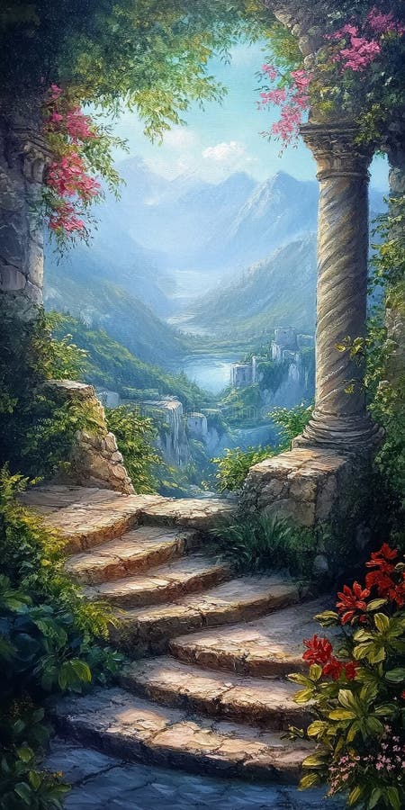 Enchanted Mountain Valley Pathway Painting Stock Illustration ...