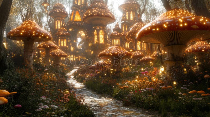 Enchanted Mushroom Forest Path with Glowing Lights Stock Illustration ...