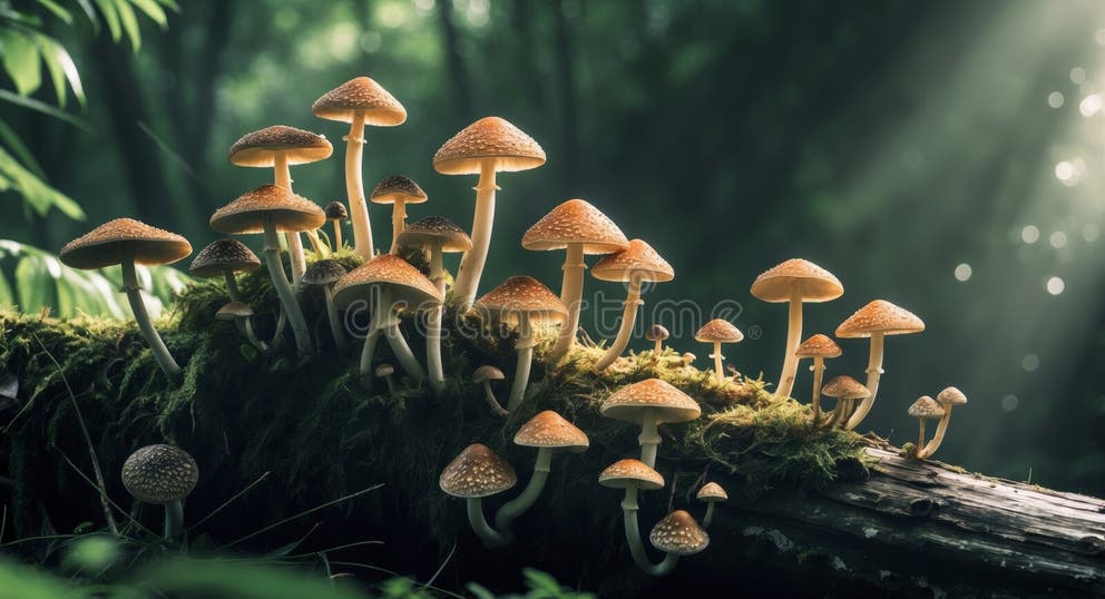 Enchanted Mushroom Grove. a Cluster of Toadstools Bathed in Mystical Sunlight. Stock Photo ...