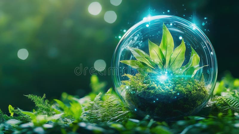 Enchanted Nature Sphere: Glowing Plant Inside Glass Orb in Lush Forest ...
