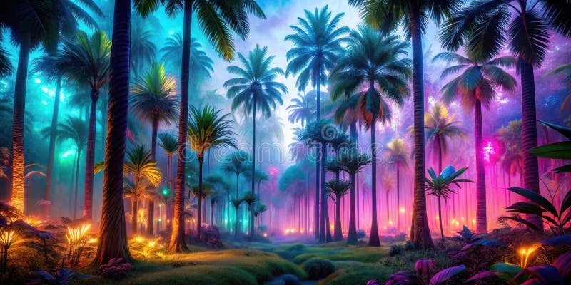 Enchanted Neon Palm Grove at Dusk a Mystical Path through Luminous ...