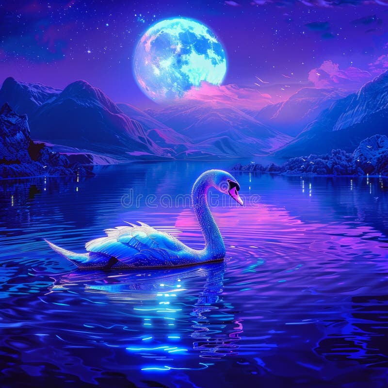 Enchanted Neon Swan Gliding Across a Moonlit Neon Lake Stock ...