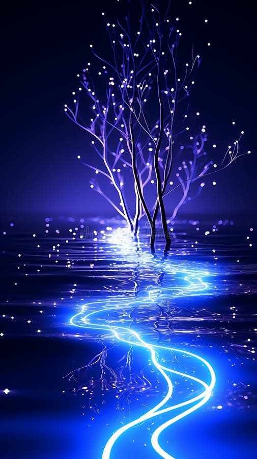 Enchanted Night: Abstract Blue Background with Tree and Lights Stock ...