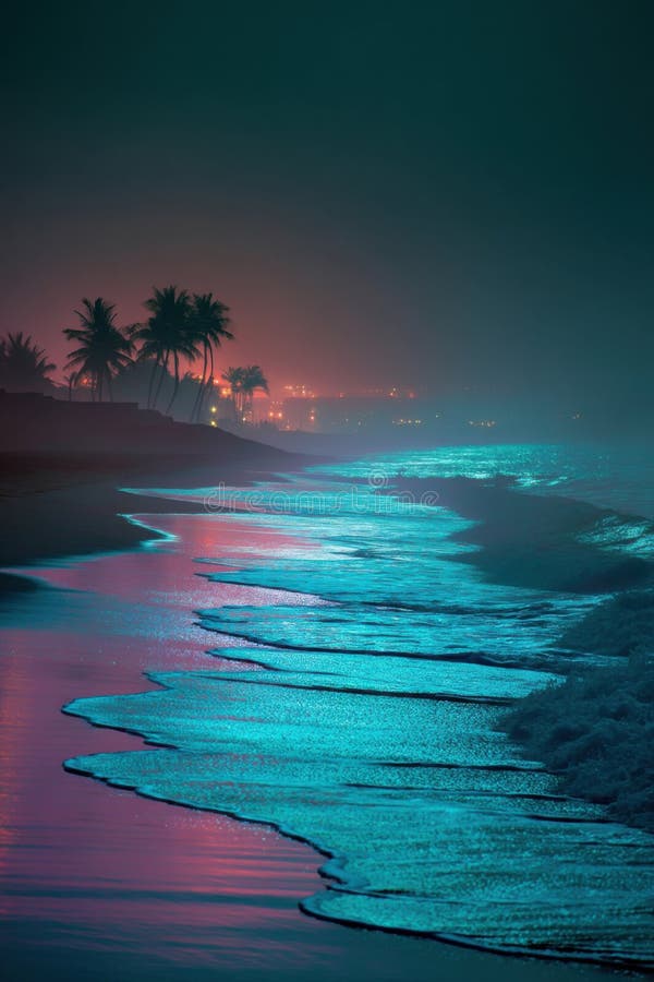 Enchanted Night Beach Scene: Vibrant Colors at Dusk Stock Illustration ...