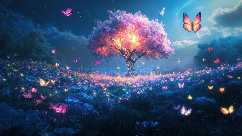 Enchanted Night, Butterflies Dance Around Glowing Tree in Magical ...