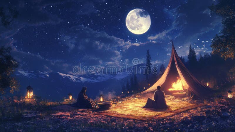 Enchanted Night Campfire Under Starlit Sky and Full Moon Stock Illustration - Illustration of ...