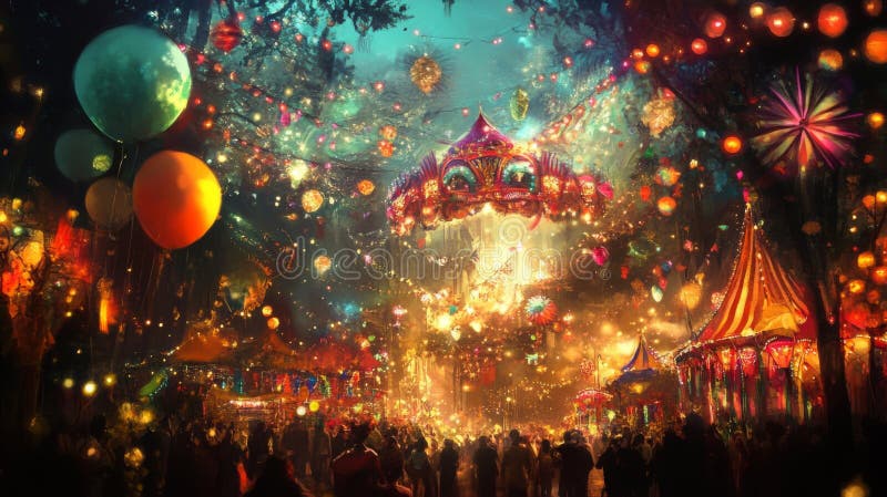 Enchanted Night Carnival with Fireworks and Carousel Stock Illustration ...