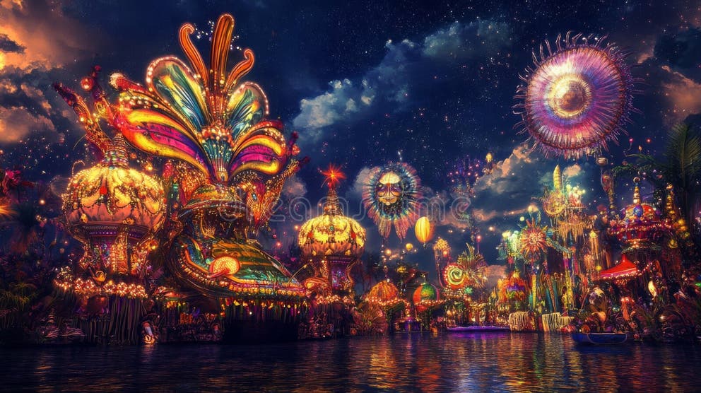 Enchanted Night Carnival with Fireworks and Sparkling Lights Stock ...