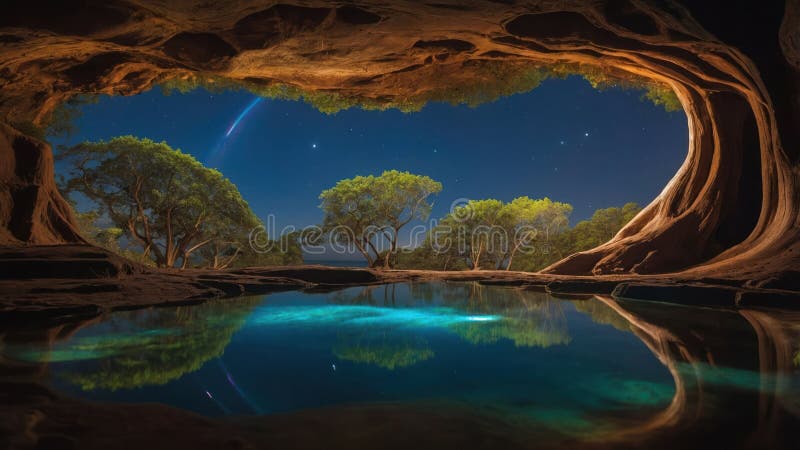 Enchanted Night Cave Pool: Tranquil Reflection Under Starry Sky Stock ...