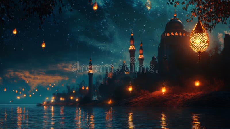 Enchanted Night Cityscape with Glowing Lanterns and Starry Sky Stock ...