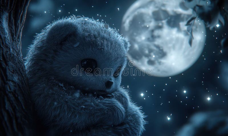 Enchanted Night with Fluffy Creature and Full Moon Stock Photo - Image ...