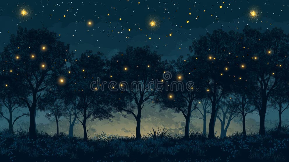 Enchanted Night Forest with Fireflies and Stars Stock Illustration ...