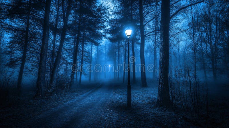 Enchanted Night Forest Path Moonlight Lamppost High Quality Image Stock ...